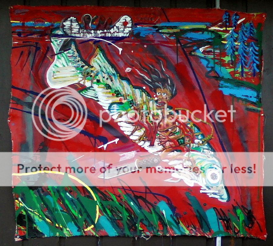 "The Harpooneer" Acrylic, ink, thread on loose canvas. Approx 48" x 48 ...